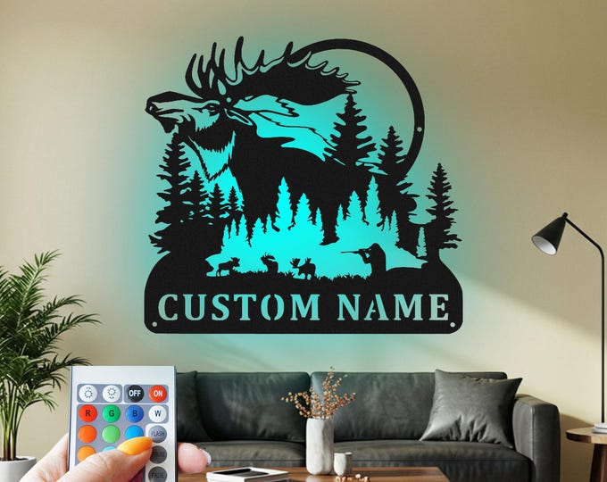 Custom Moose Hunting Sign LED Metal Wall Art, Personalized Hunter Gift ...
