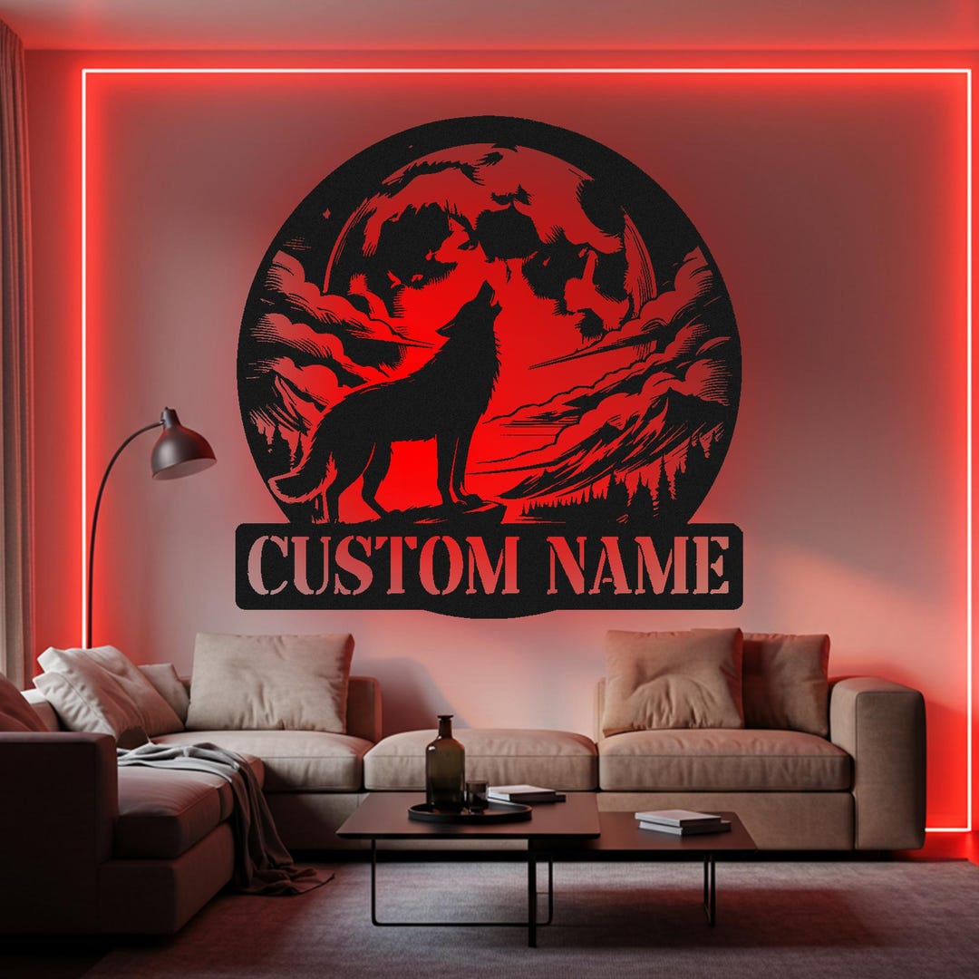 Custom Wolf and Half Moon Metal Wall Art Led Light Howling Wolf Sign ...