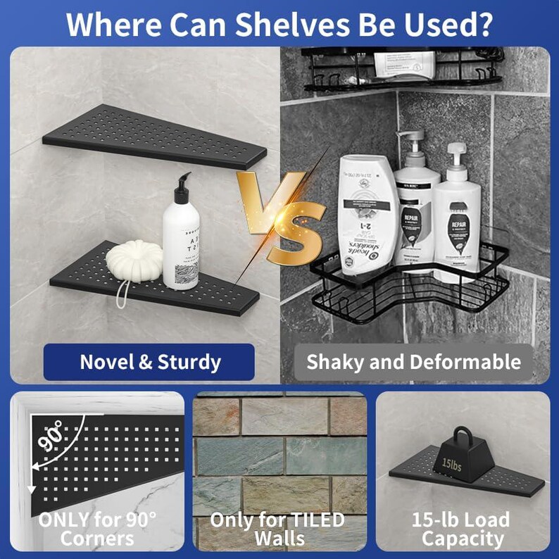 Corner Shower Shelf, Black 12 Trapezoid Floating Shelf With Grid ...