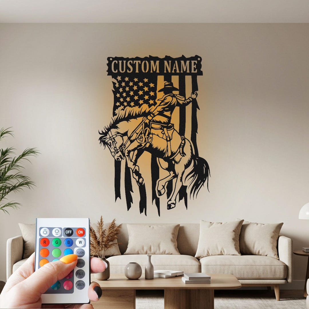 Custom US Rodeo Metal Wall Art With Led Light, Personalized Rodeo Name ...