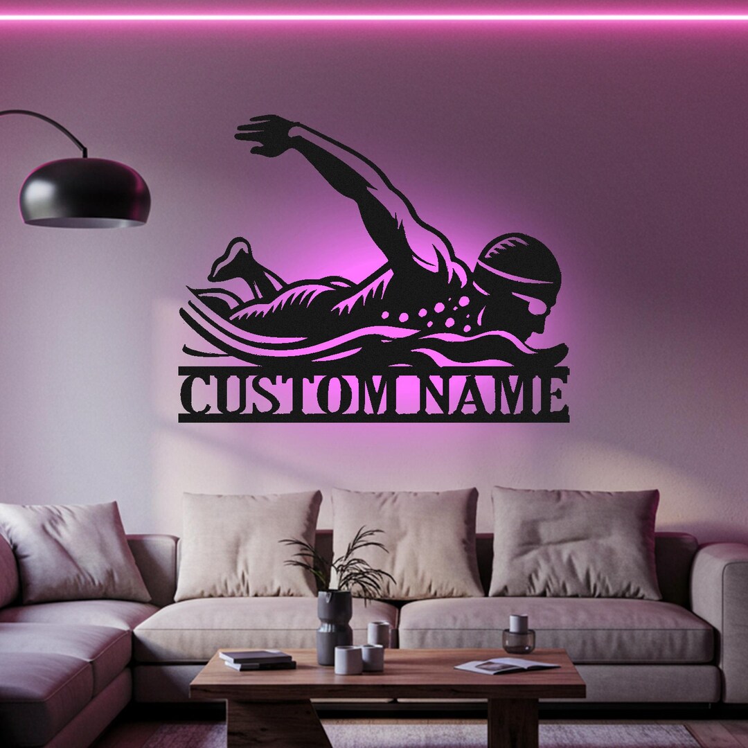 Custom Swimming Led Light Metal Wall Art Swimmer Name Sign Home Decor ...
