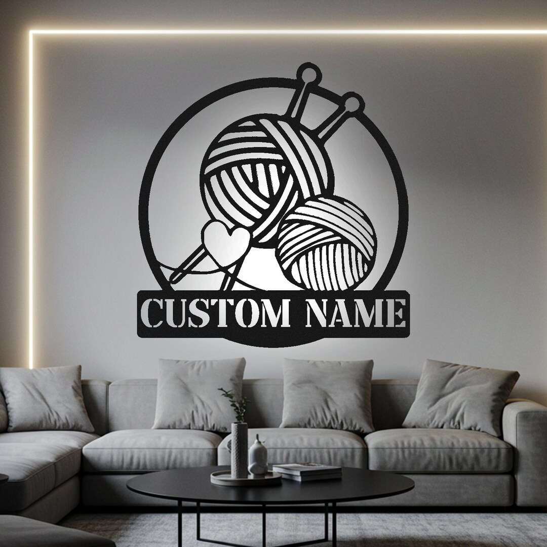 Custom Ball Yarn Heart Led Light Metal Wall Art Knitting Name Sign Home ...