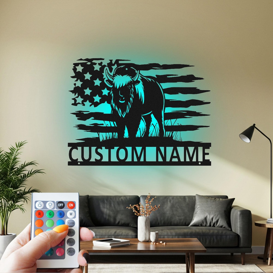 US Bison Custom Sign Metal Wall Art LED Light, Custom Sign Bison Name ...