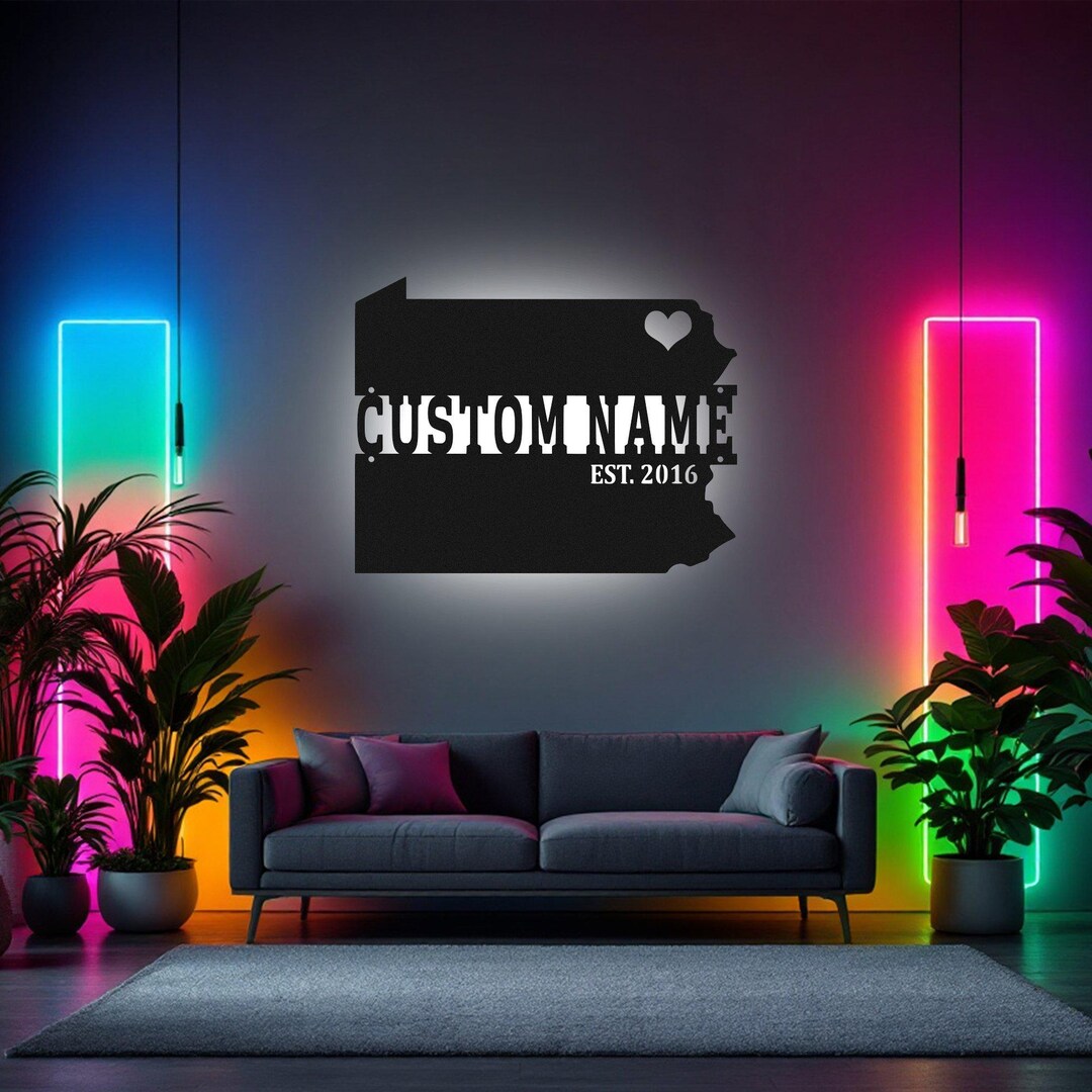 Custom Pennsylvania Map Metal Wall Art With Led Light, Personalized ...