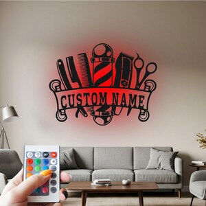 Custom Barber Shop Metal Wall Art With Led Light, Personalized Barber ...
