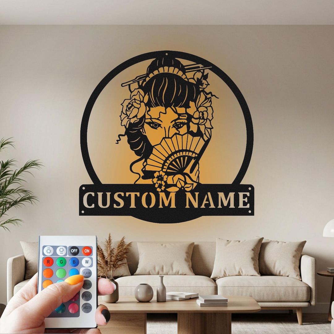 Custom Japanese Geisha Metal Wall Art With Led Light, Personalized ...