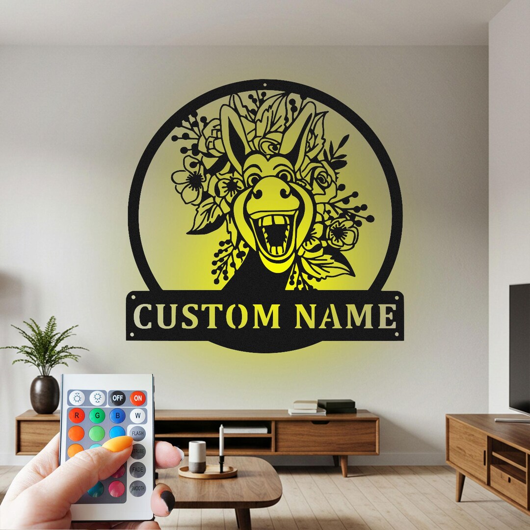 Custom Donkey With Flowers Metal Wall Art With Led Light, Donkey Name ...