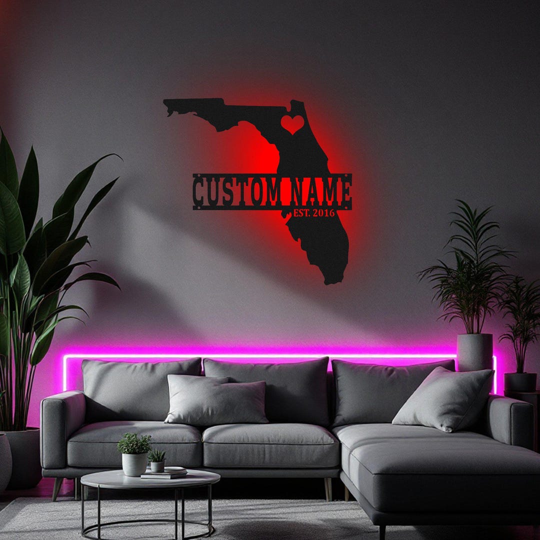 Custom Florida Map Metal Wall Art With Led Light, Personalized Florida ...