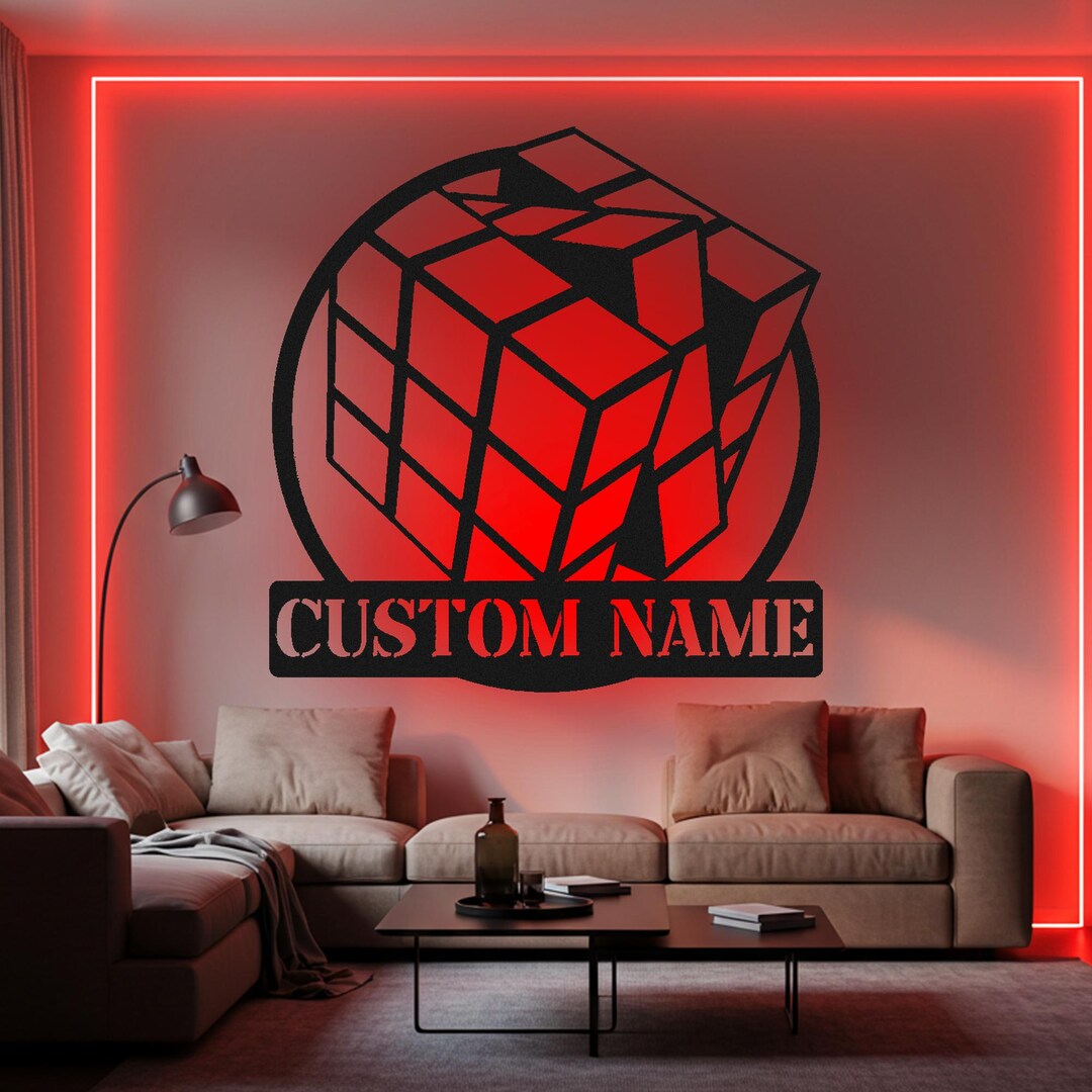 Rubiks Cube Custom Sign Led Light Metal Wall Decor Rubik Gaming Name ...