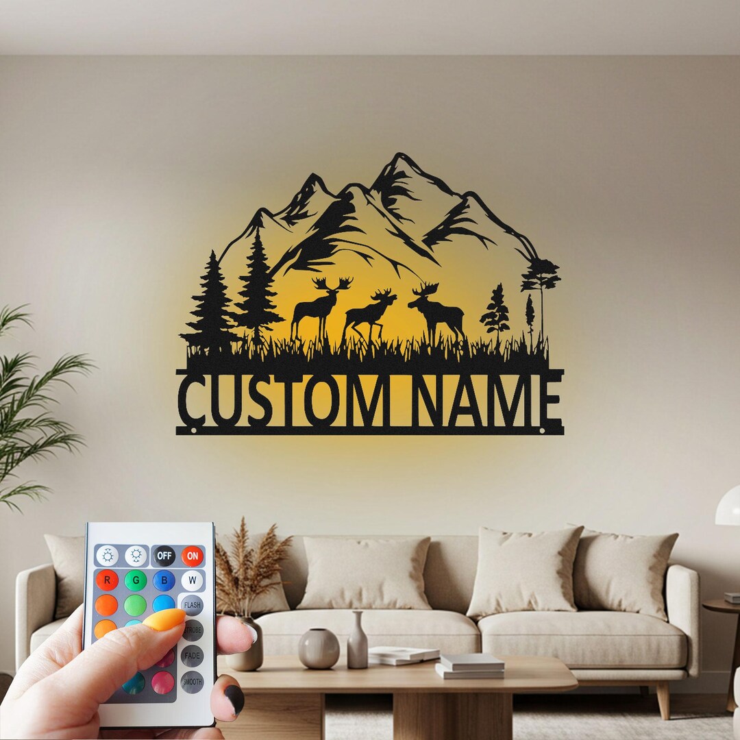 Custom Moose Mountain Metal Wall Art With RGB LED Light - Etsy