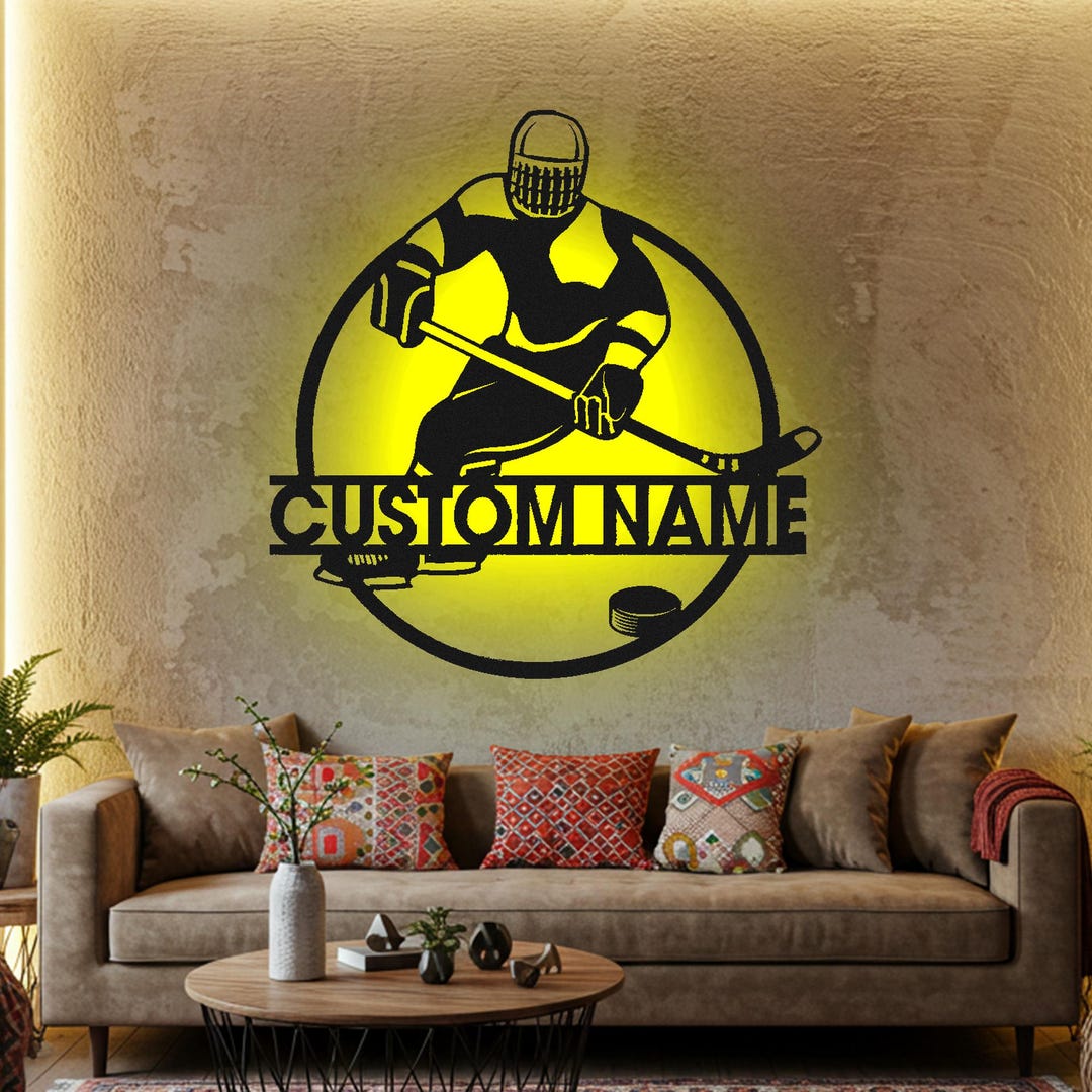 Custom Hockey Led Light Metal Wall Art Hockey Player Name Sign Home ...