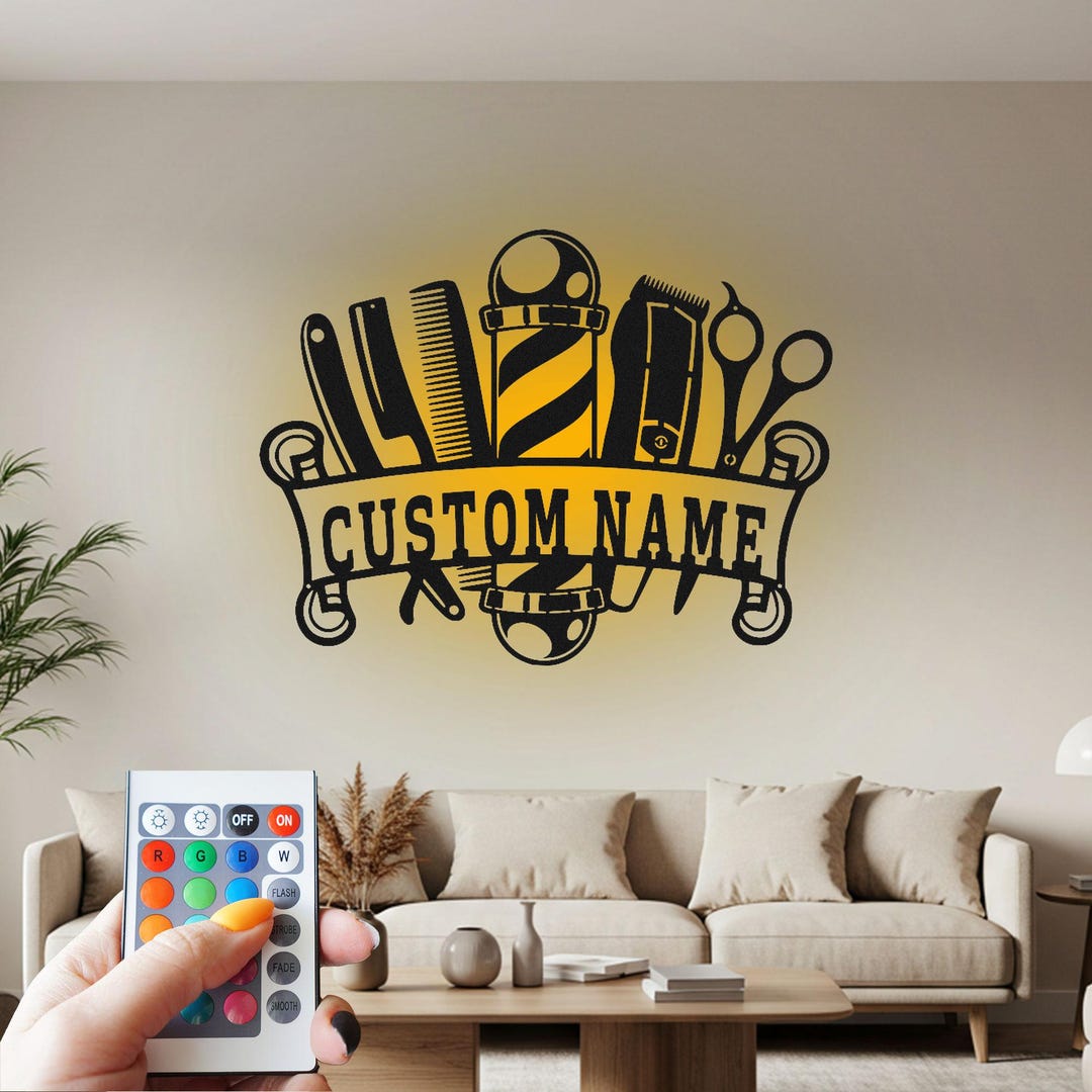 Custom Barber Shop Metal Wall Art With Led Light, Personalized Barber ...