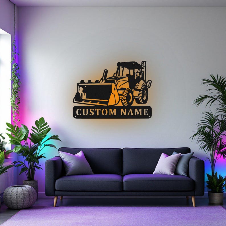 Custom Backhoe Truck Metal Wall Art With Led Light, Personalized ...