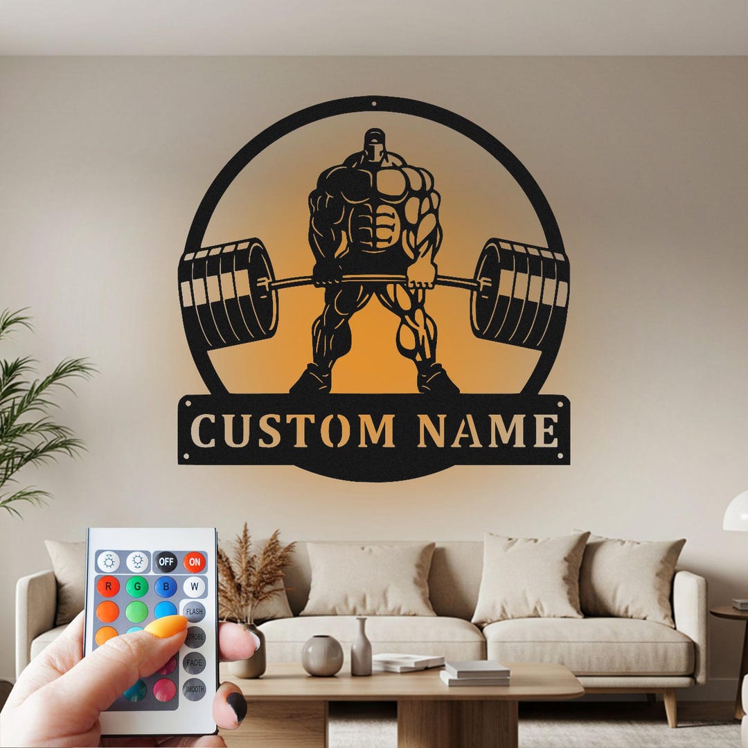 Custom Powerlifting Metal Wall Art With LED: Personalized Home Gym ...