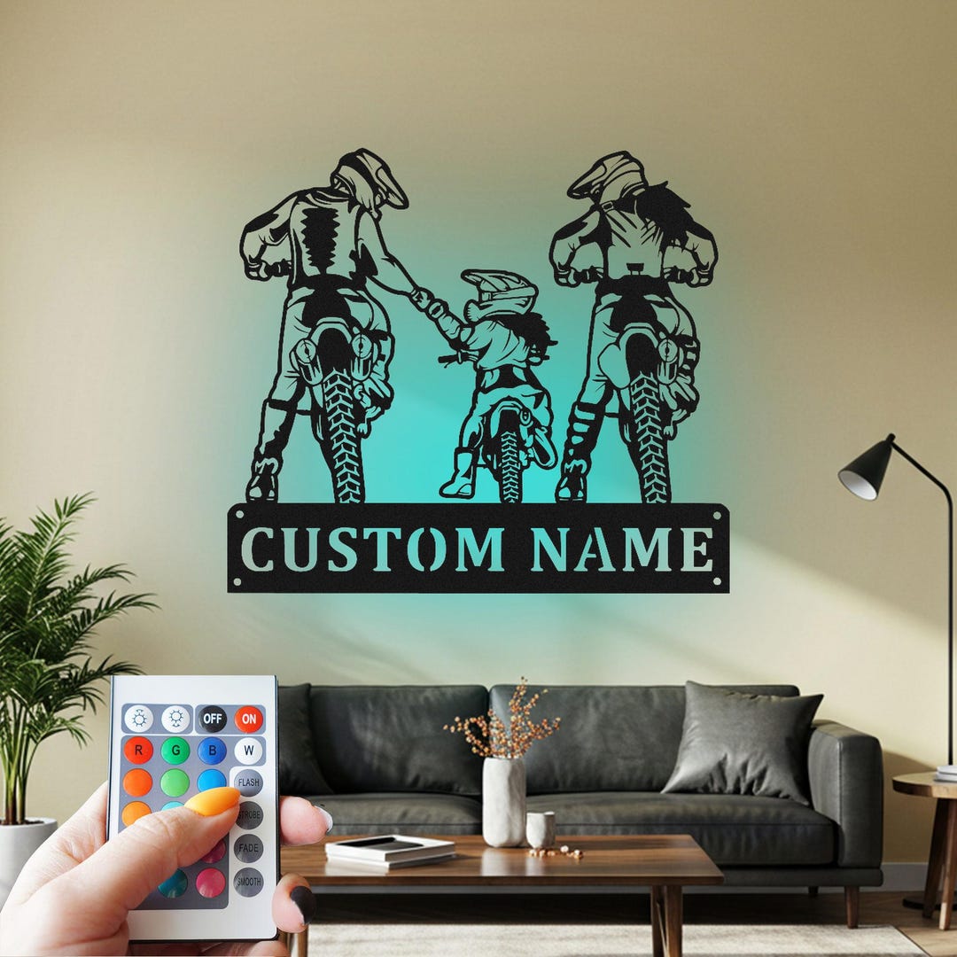 Family Motocross Sign Metal Wall Art Led Light, Sign Family Biker Name ...