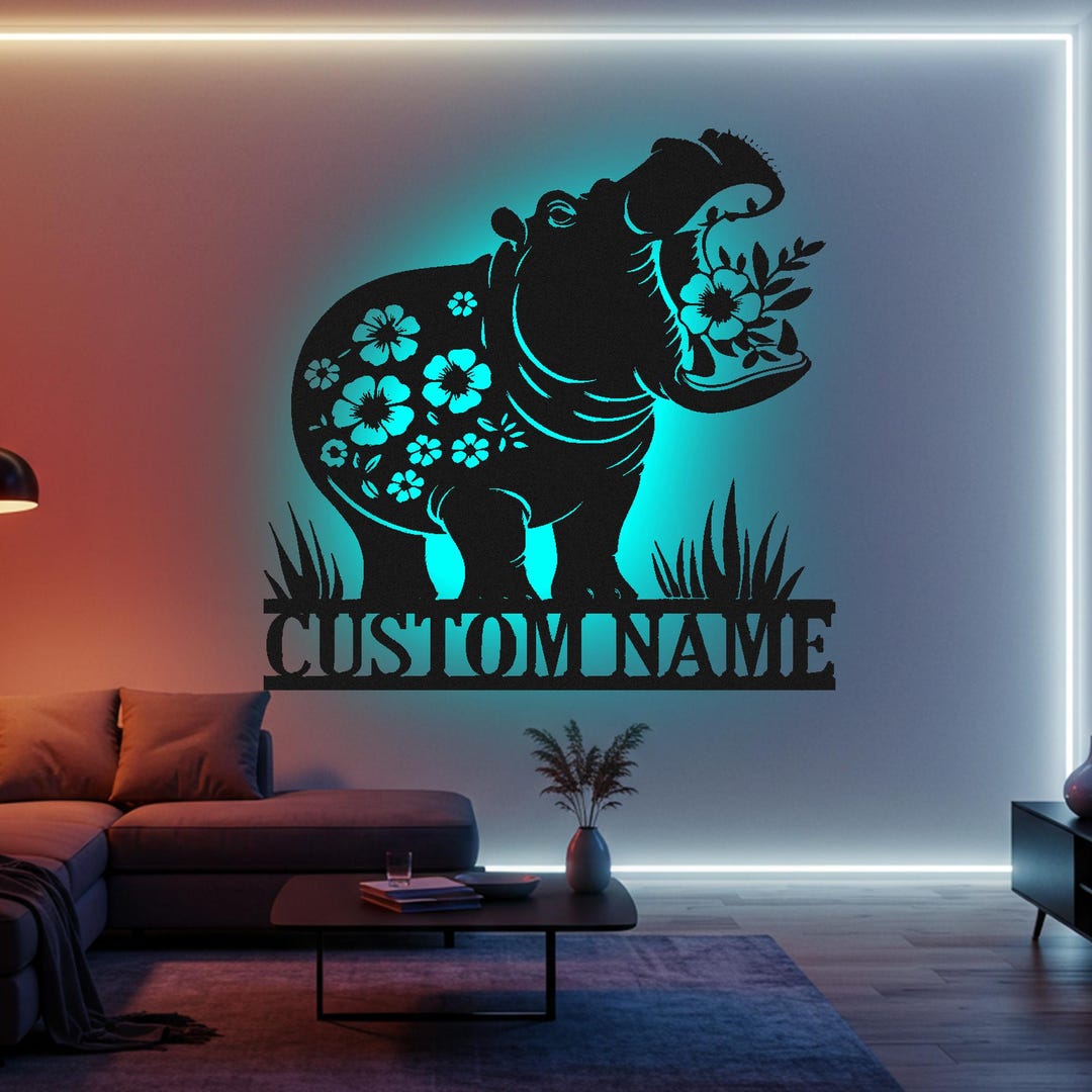 Custom Wildflower Hippopotamus Led Light Metal Wall Art Floral Hippo ...
