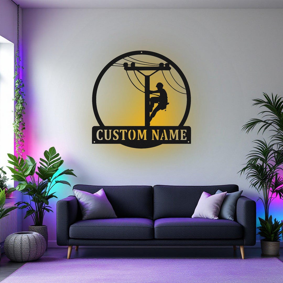 Custom Lineman Metal Wall Art With Led Light, Personalized Lineman Name ...