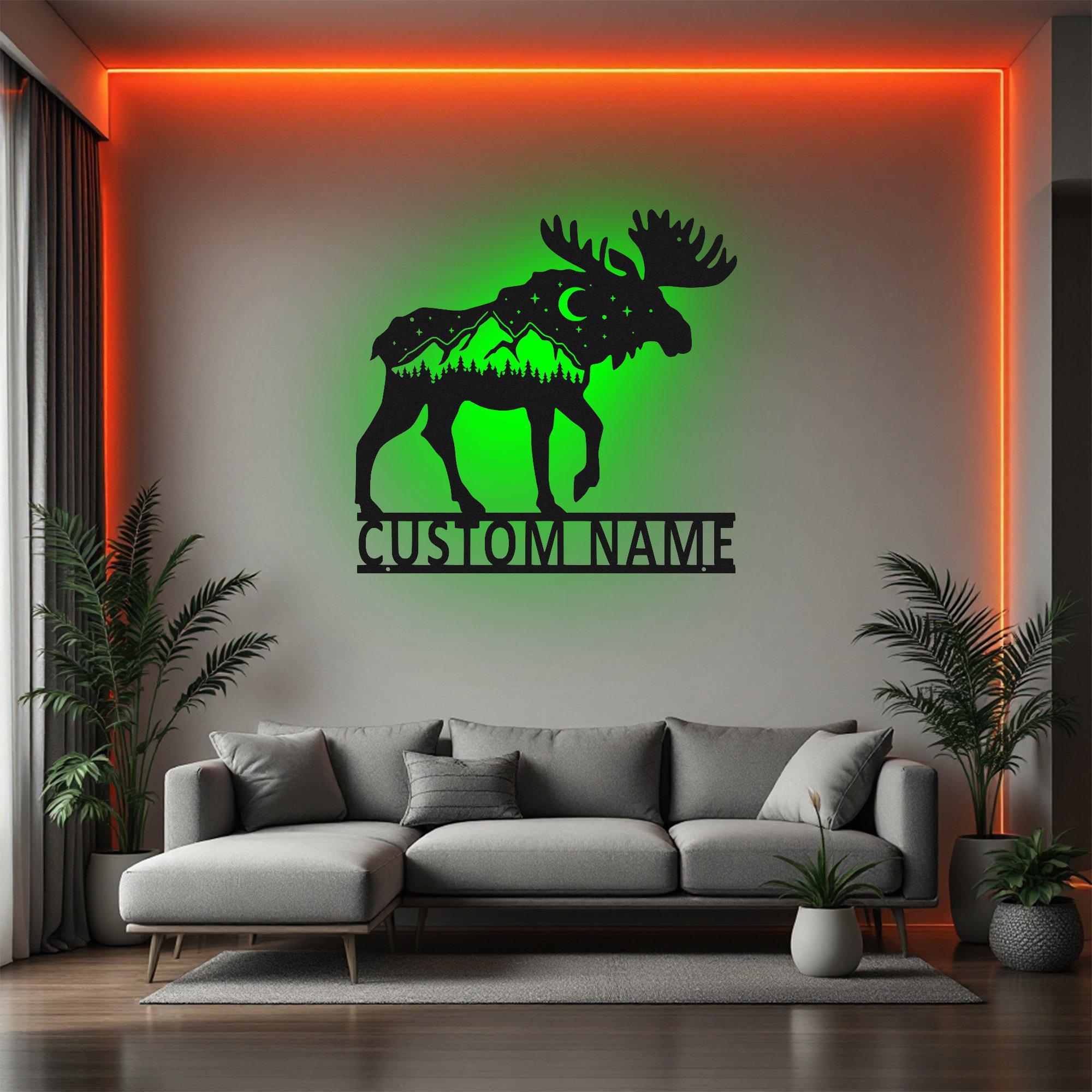 Custom Mountain Moose Metal Wall Art With Light , Personalized Moose ...