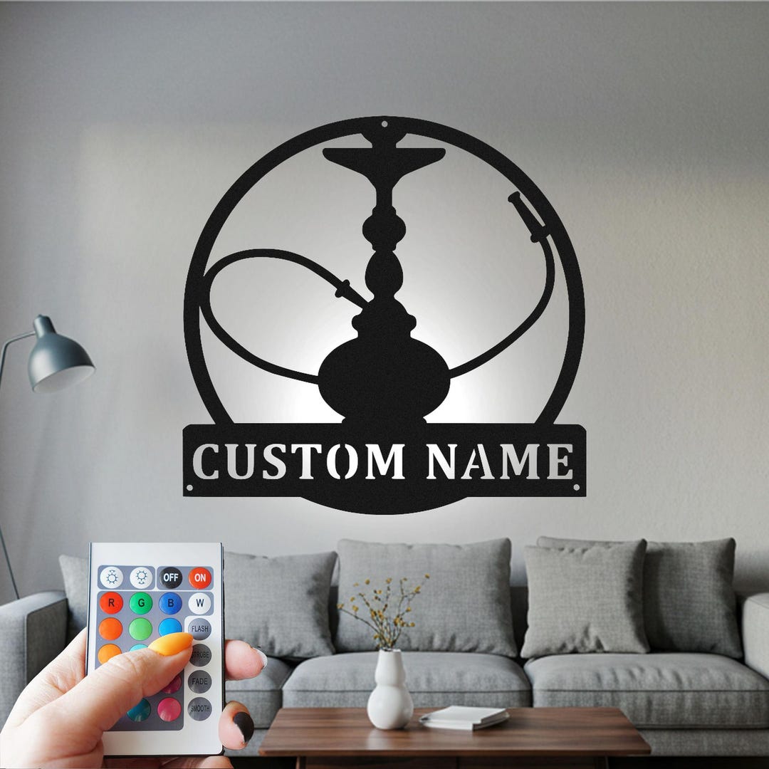 Custom Shisha Hookah Metal Wall Art Light, Personalized Smoke Shop Name ...
