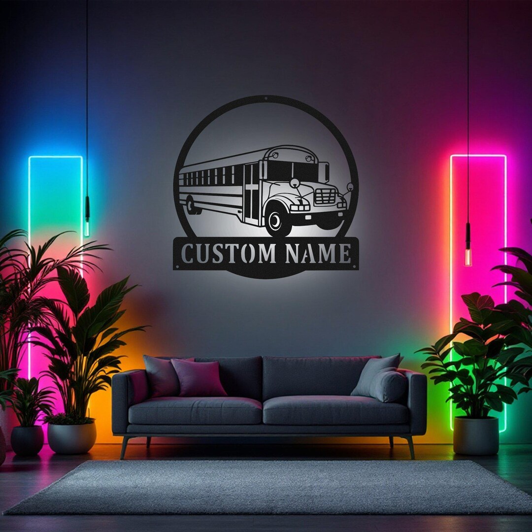 Custom School Bus Metal Wall Art With LED Light: Personalized Name Sign ...