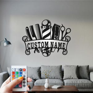 Custom Barber Shop Metal Wall Art With Led Light, Personalized Barber ...