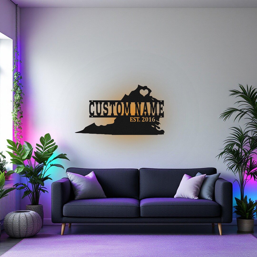 Custom Virginia Map Metal Wall Art With Led Light, Personalized ...