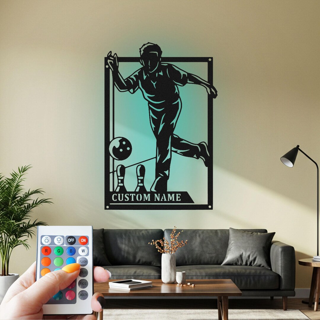 Male Bowling Signage Sign Metal Wall Art Led Light, Sign Bowling Player ...