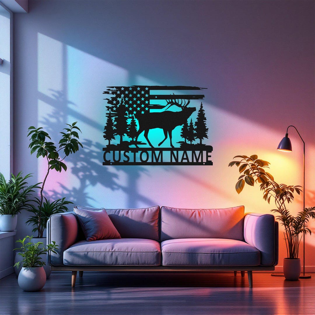 Custom US Elk Metal Wall Art With Led Light, Personalized Elk Deer Name ...