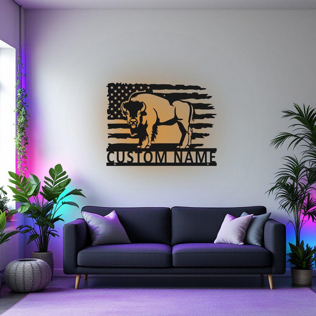 Custom US Bison Metal Wall Art With Led Light, Personalized Bison Name ...
