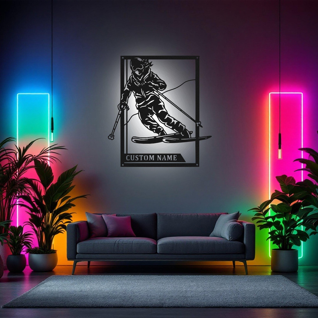 Custom Female Skiing Signage Metal Wall Art With Led Light ...