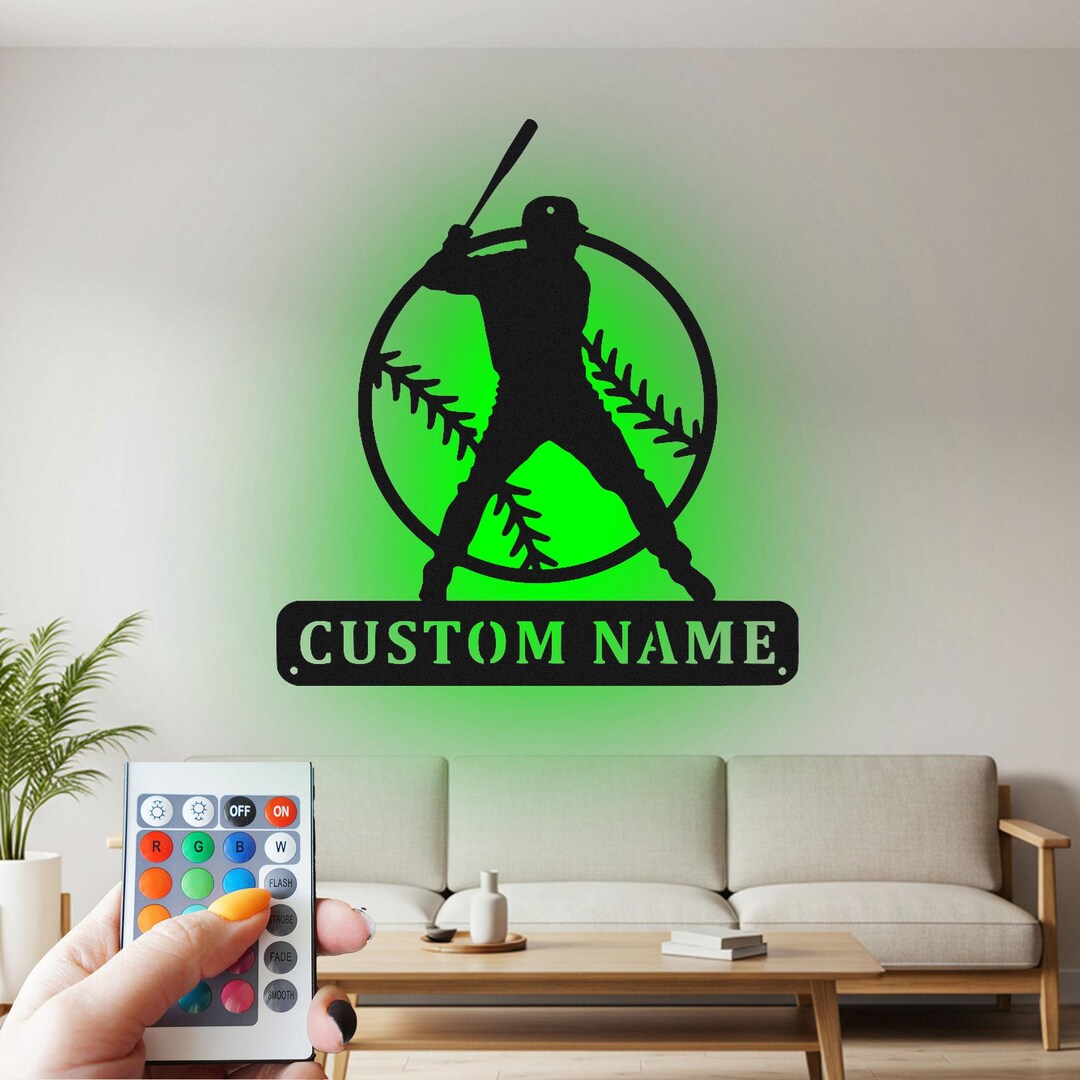 Baseball Sign Metal Wall Art Led Light, Sign Baseball Player Name Sign ...