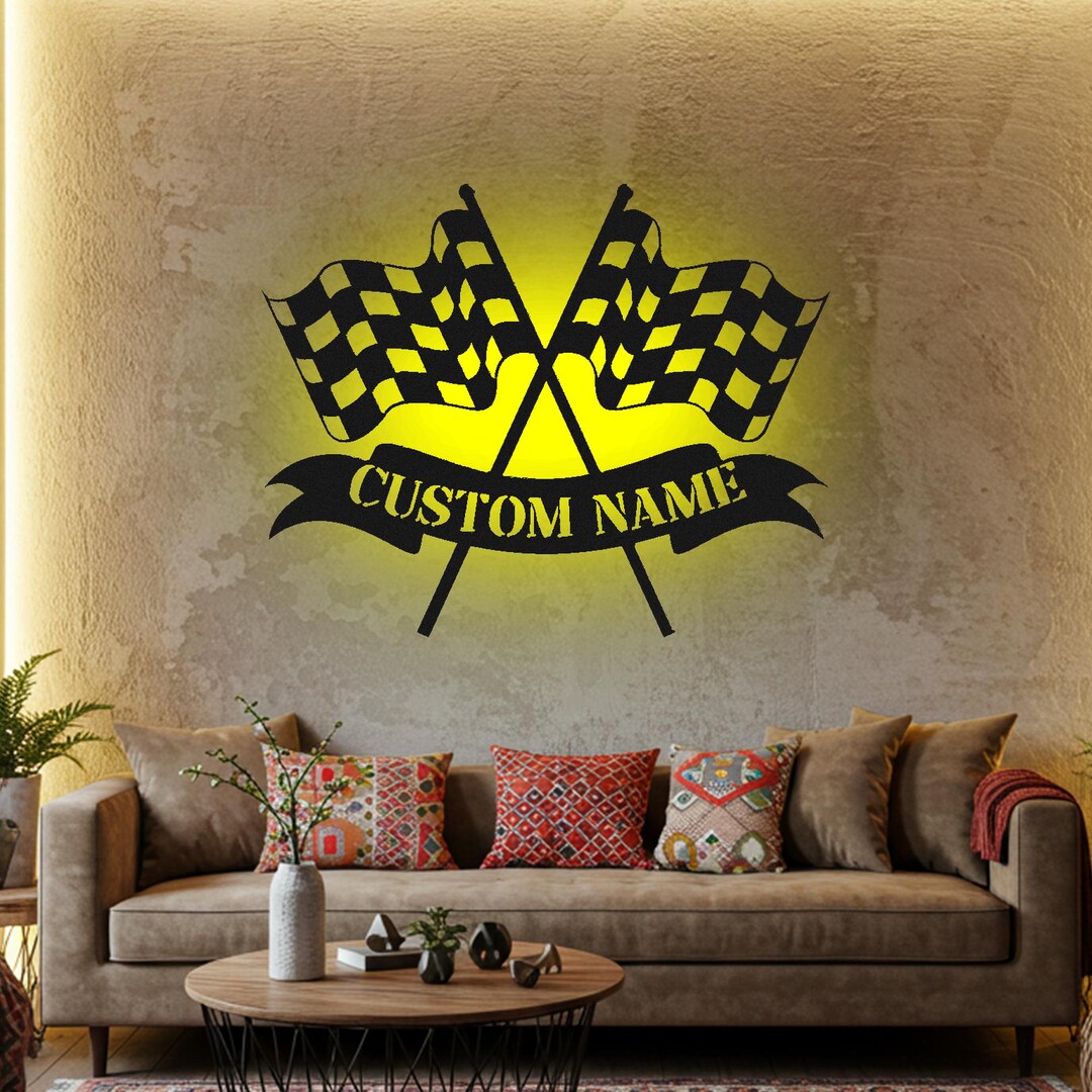Custom Start Finish Racing Flag Led Light Metal Wall Art Race Checkered ...