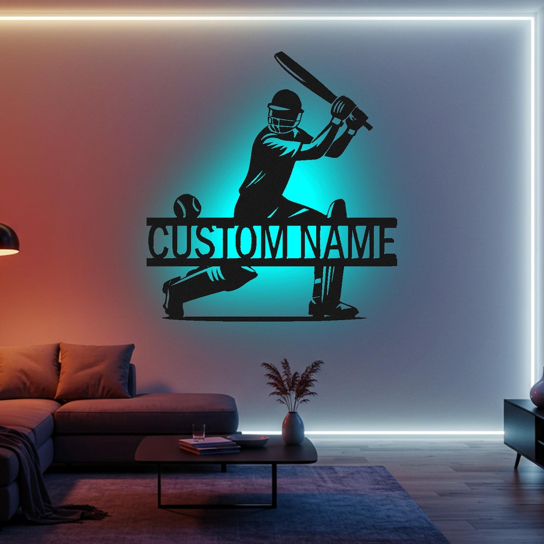 Custom Cricket Led Light Metal Wall Art Cricket Player Name Sign Home ...