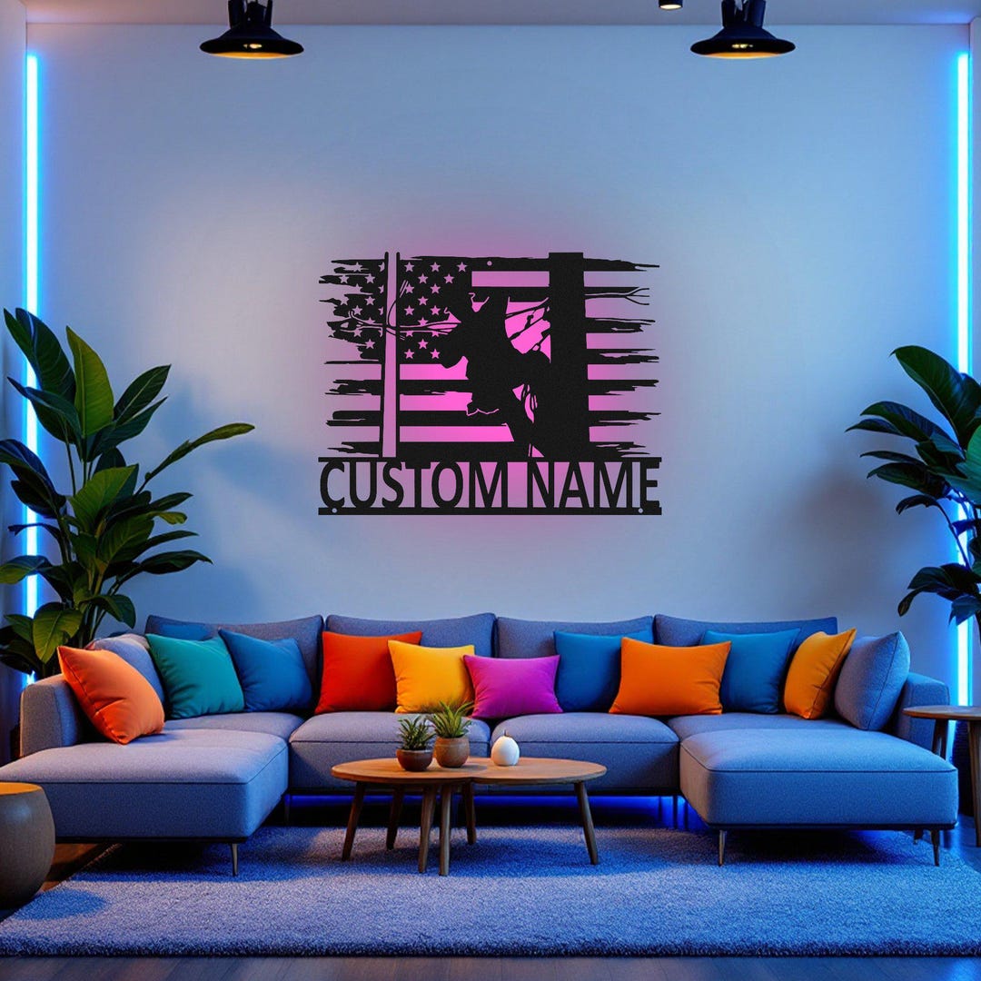 Custom US Lineman Metal Wall Art With Led Light, Personalized Lineman ...