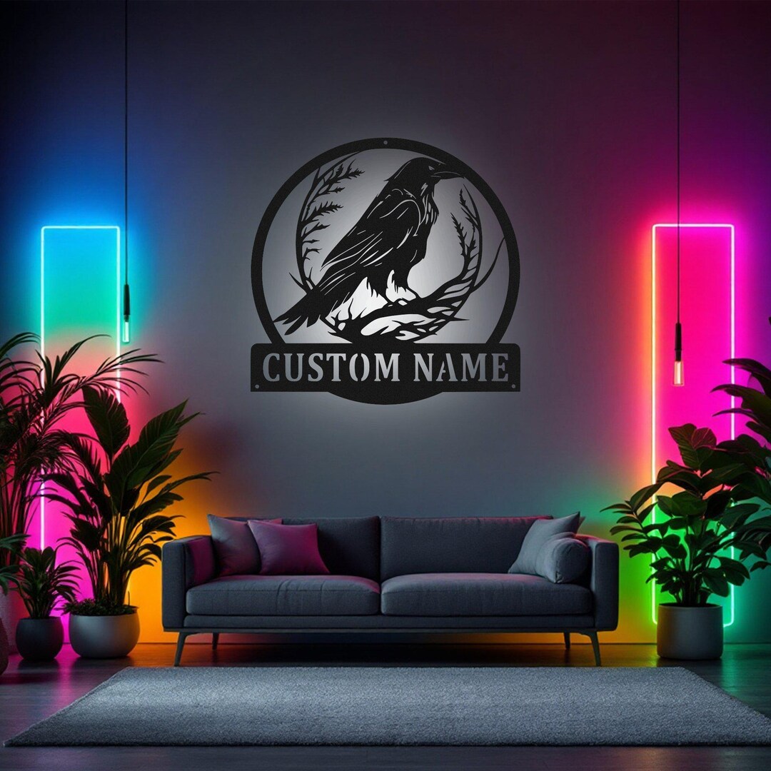 Custom Crow Metal Wall Art With Led Light, Personalized Crow Name Sign ...