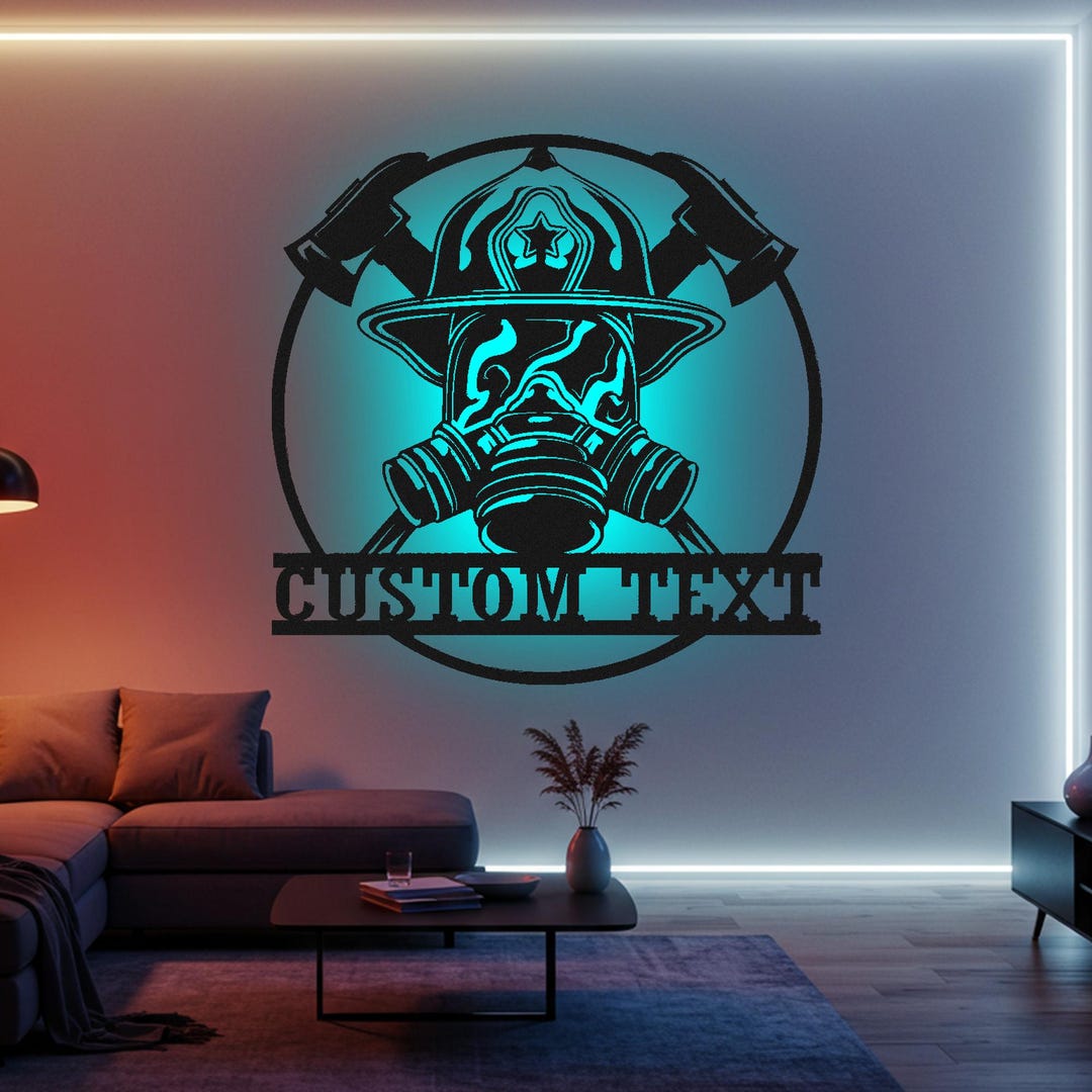Custom Firefighter Helmet Led Light Metal Wall Art Fireman Name Sign ...
