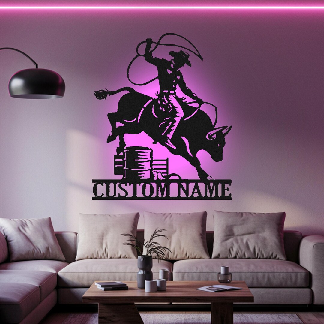 Custom Rodeo Sport Led Light Metal Wall Art Rodeoer Name Sign Home ...