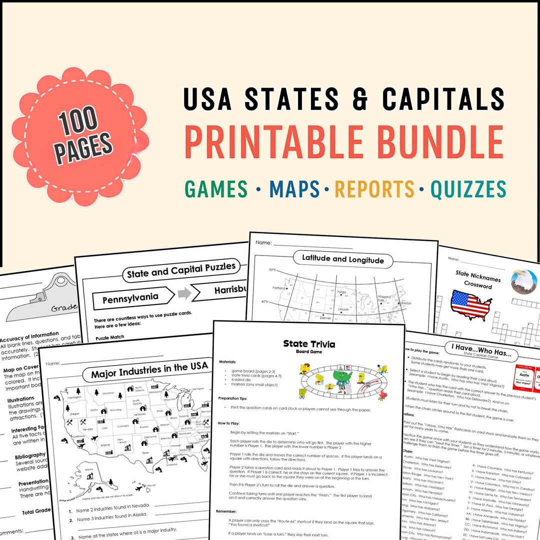 USA States & Capitals Printable Bundle | Maps, Games, Quizzes, Reports ...