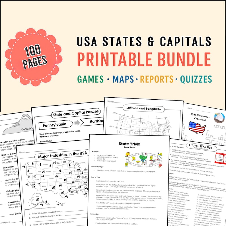 USA States & Capitals Printable Bundle | Maps, Games, Quizzes, Reports ...