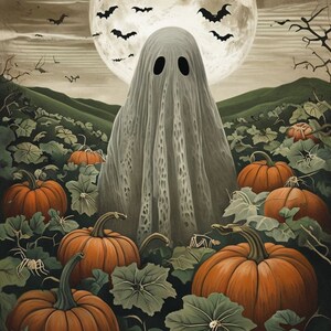 Ghost in Enchanted Spooky Pumpkin Patch, Vintage Ghost Home Decor Wall ...