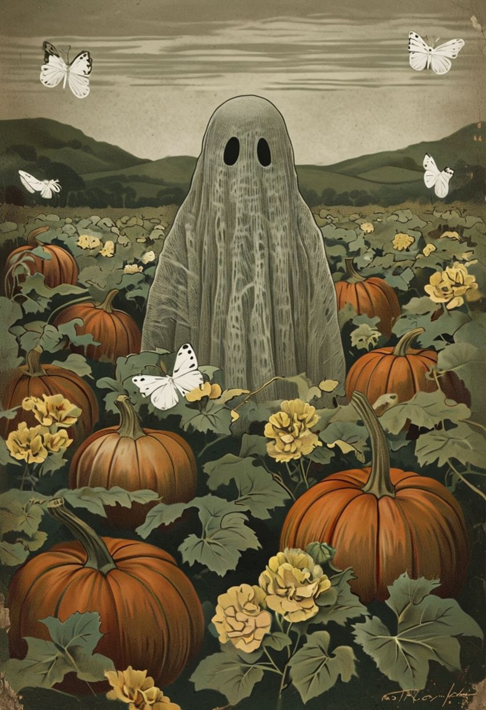 Ghost in Enchanted Spooky Pumpkin Patch, Vintage Ghost Home Decor Wall ...