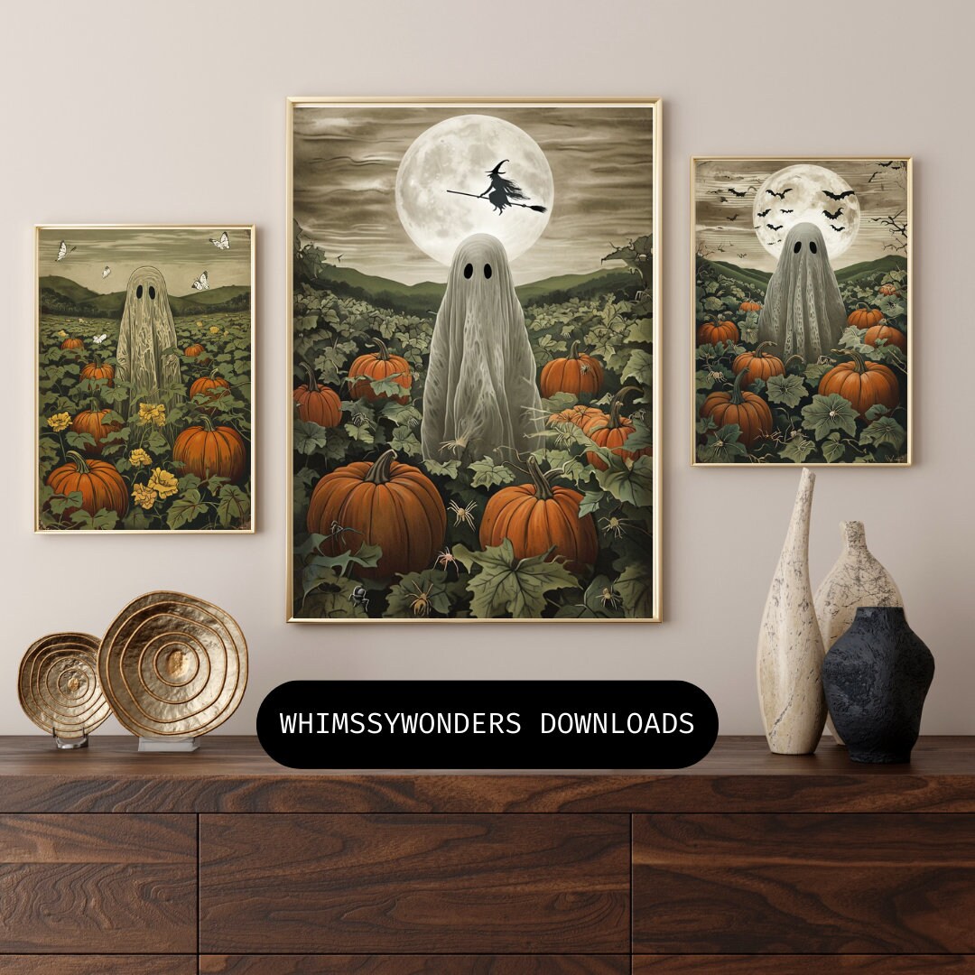 Ghost in Enchanted Spooky Pumpkin Patch, Vintage Ghost Home Decor Wall ...
