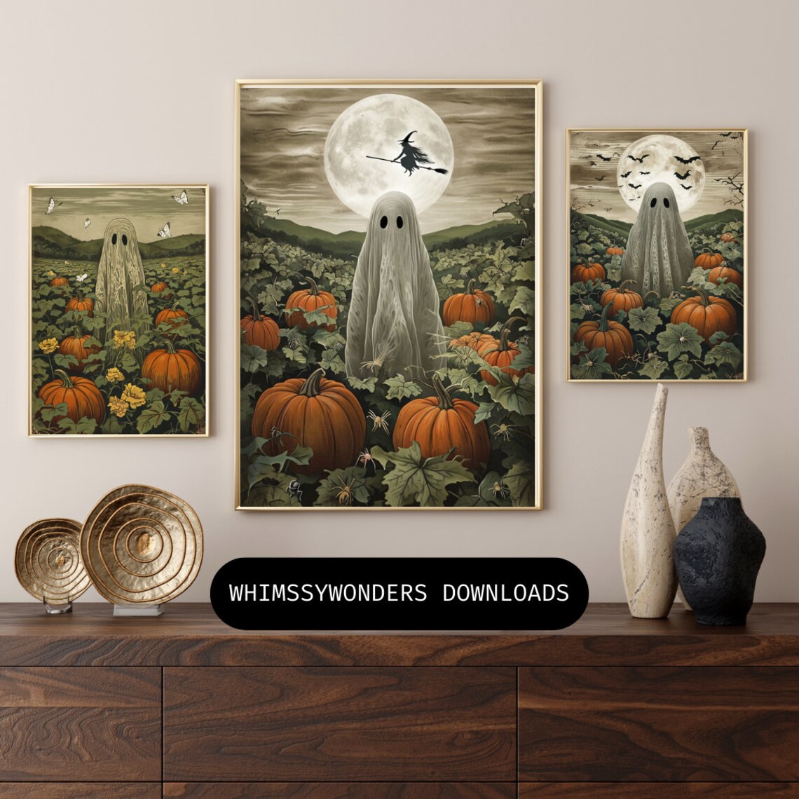 Ghost in Enchanted Spooky Pumpkin Patch, Vintage Ghost Home Decor Wall ...