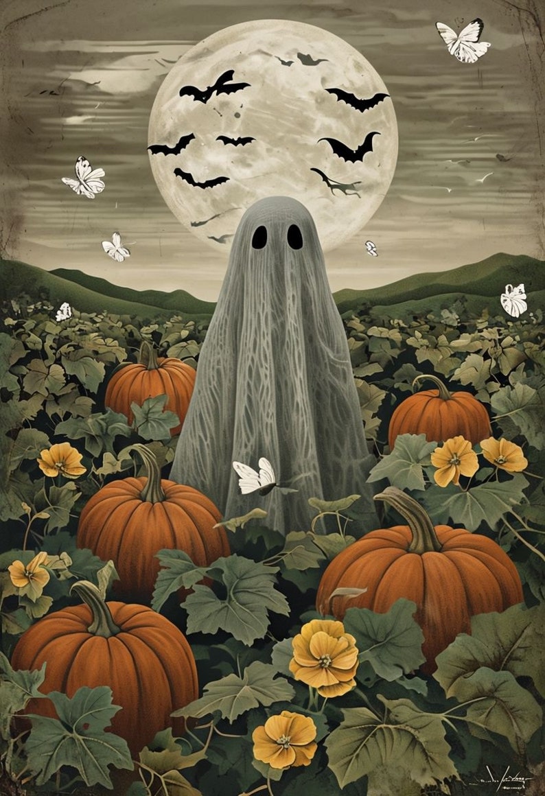 Ghost in Enchanted Spooky Pumpkin Patch, Vintage Ghost Home Decor Wall Art, Digital Dowload - Etsy