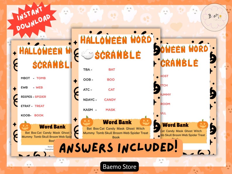 Halloween Word Scramble, Printable Party Activity, Kids Puzzle Game ...
