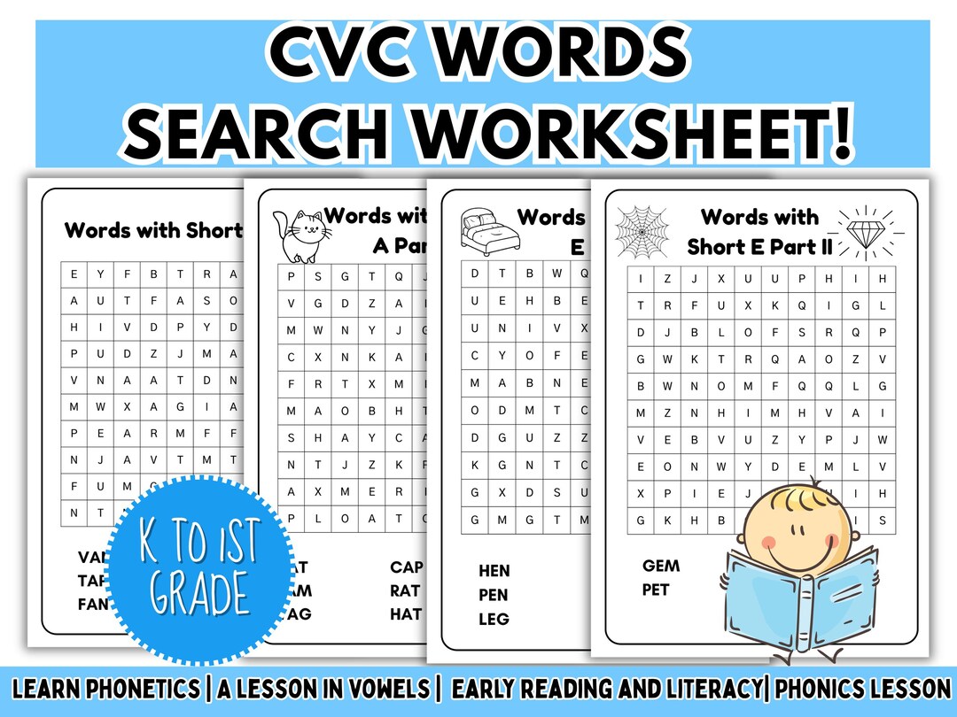 CVC Word Search Worksheets, Phonics Practice for Kindergarten ...