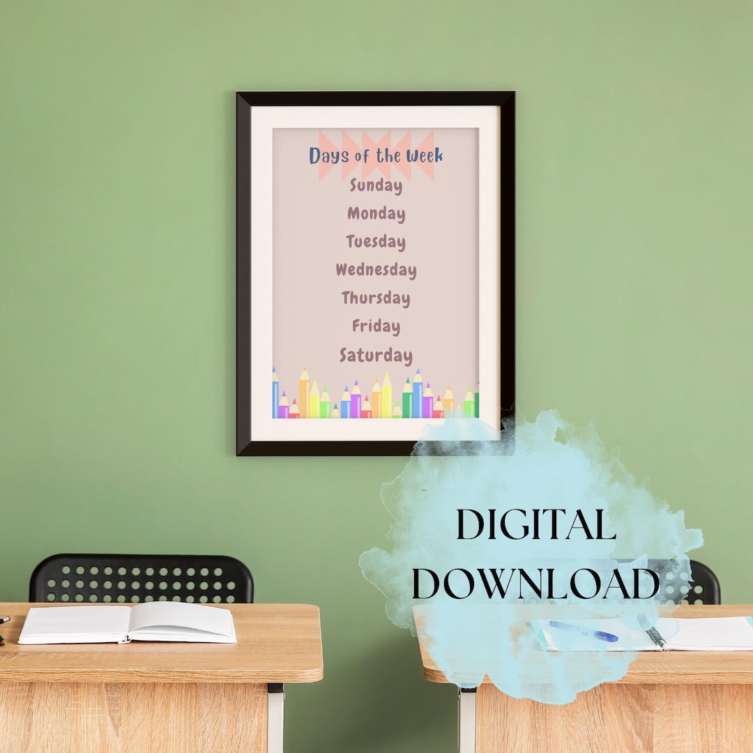 Days of the Week Educational Printable Wall Art Digital Download Kids ...