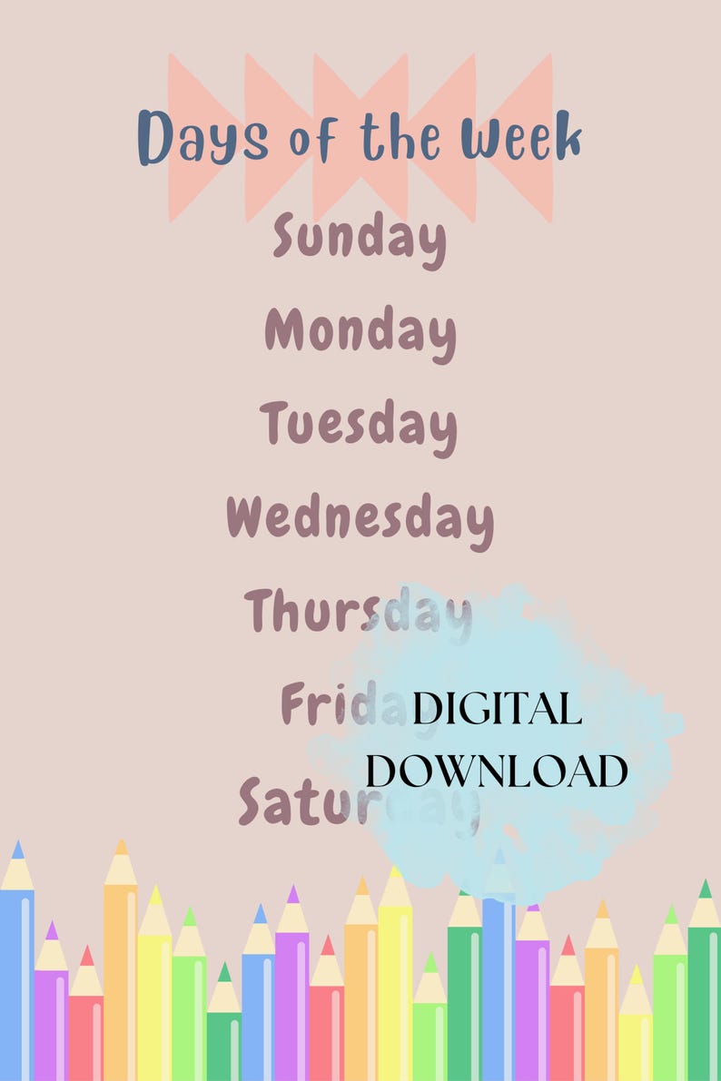 Days of the Week Educational Printable Wall Art Digital Download Kids ...