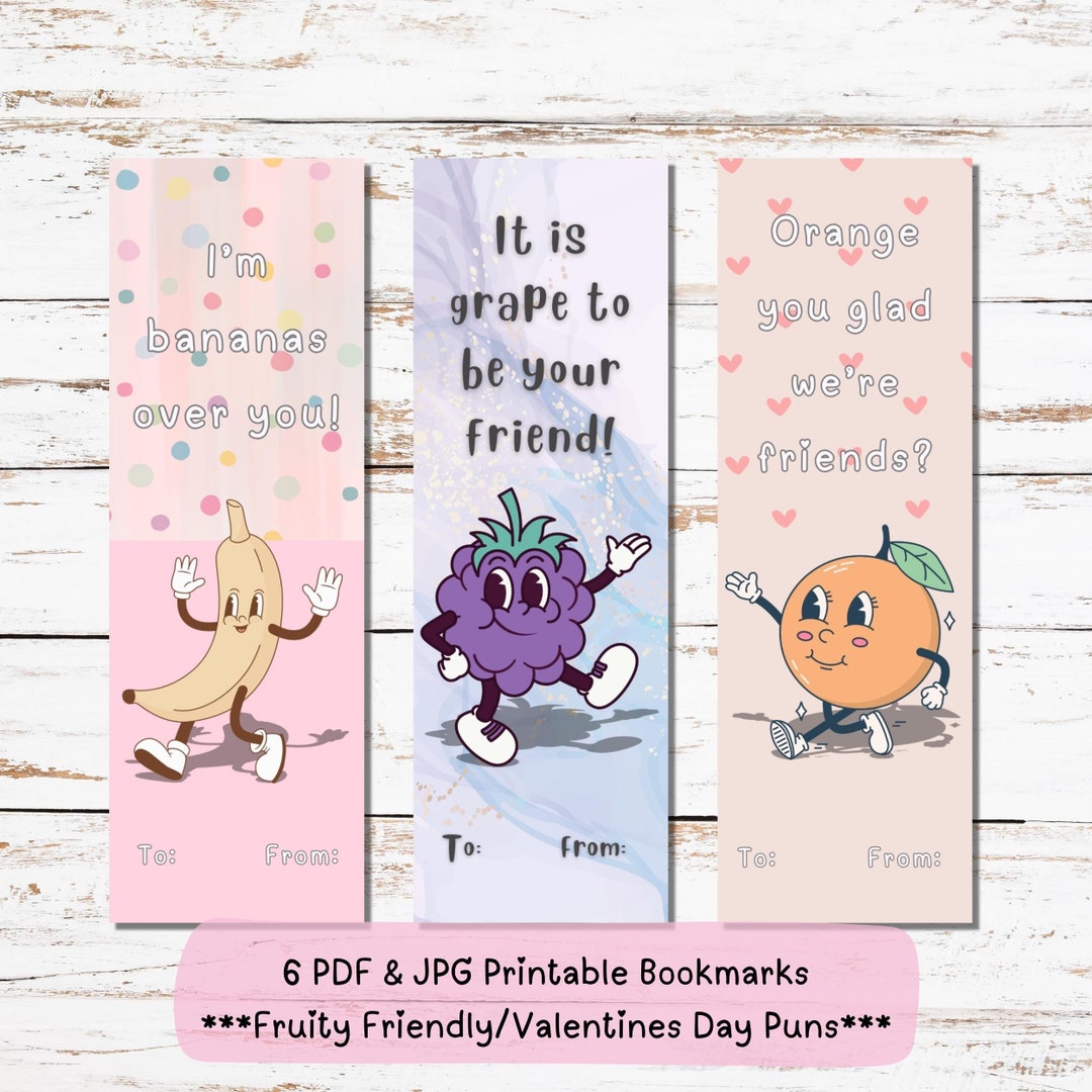 6 PDF & JPG Printable Bookmarks | Fruit Puns Bookmarks | Valentines ...