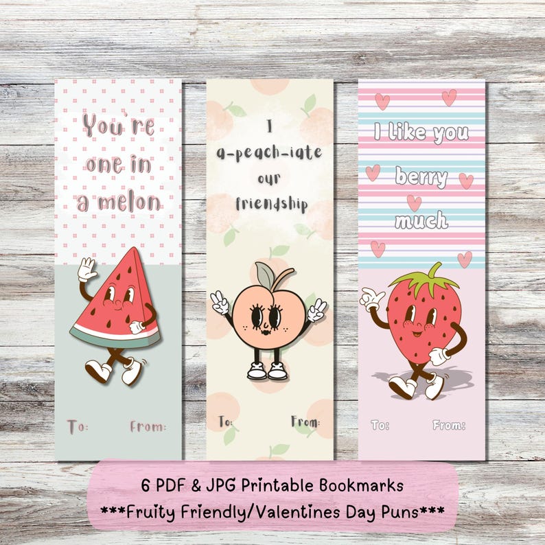 6 PDF & JPG Printable Bookmarks | Fruit Puns Bookmarks | Valentines ...